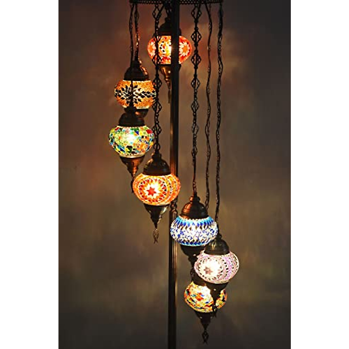 LaModaHome Handmade, Tiffany Style Glass, Turkish/Moroccan Lantern Ottoman Style Mosaic Floor Lamp (Red, 7 Globes)