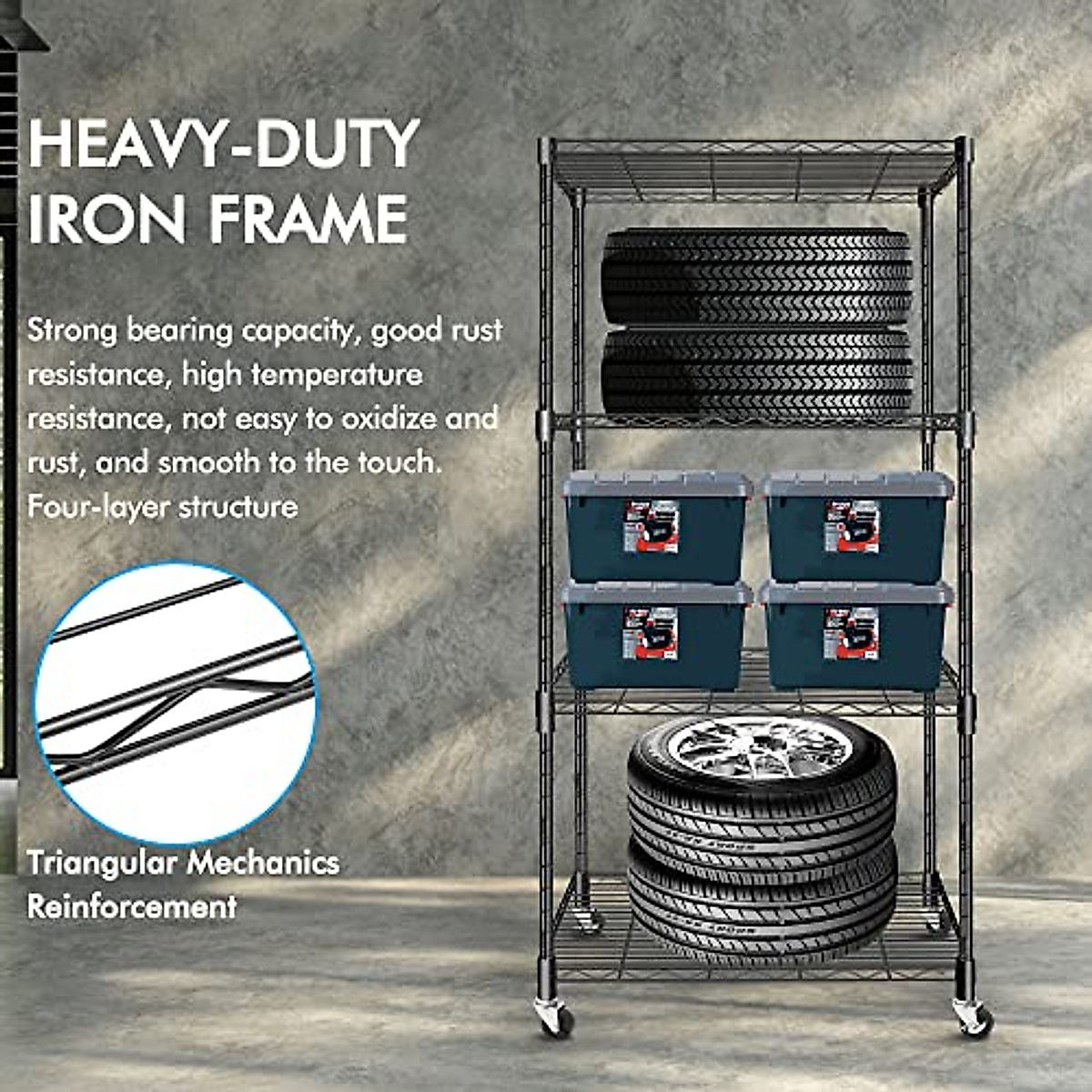 4-Shelf Adjustable,Heavy Duty Kitchen Shelf Organizer Rack,Kitchen Rack, Storage Shelving Unit on Wheel Casters,Steel Organizer Wire Rack, Metal Organizer Shelving Unit,Storage Shelf with Wheels