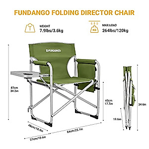 FUNDANGO Camping Chair with Side Table,Camping Director Chair with Armrest,Lawn Chair for Camping Fishing Picnic (Grass Green)