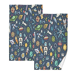 Kigai 2 Piece Outer Space Hand Towels for Bath Decorative, Pure Cotton Guest Towels Fingertip Towels for Bathroom Spa Gym,16 x 28 inch