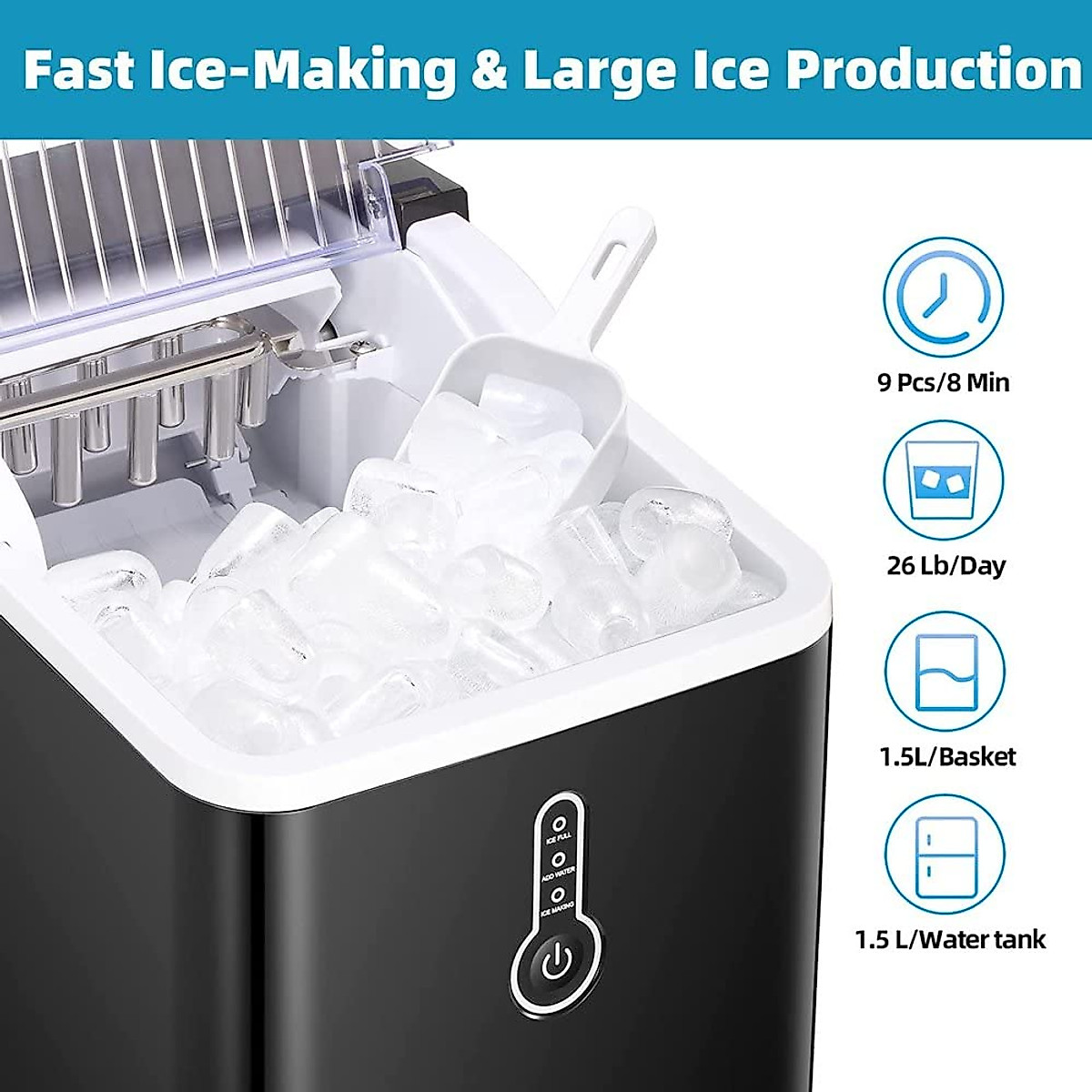 Countertop Ice Maker Machine, Portable Compact Ice Cube Maker with Ice Scoop & Basket, 26Lbs/24H Ice Machine for Home/Kitchen/of