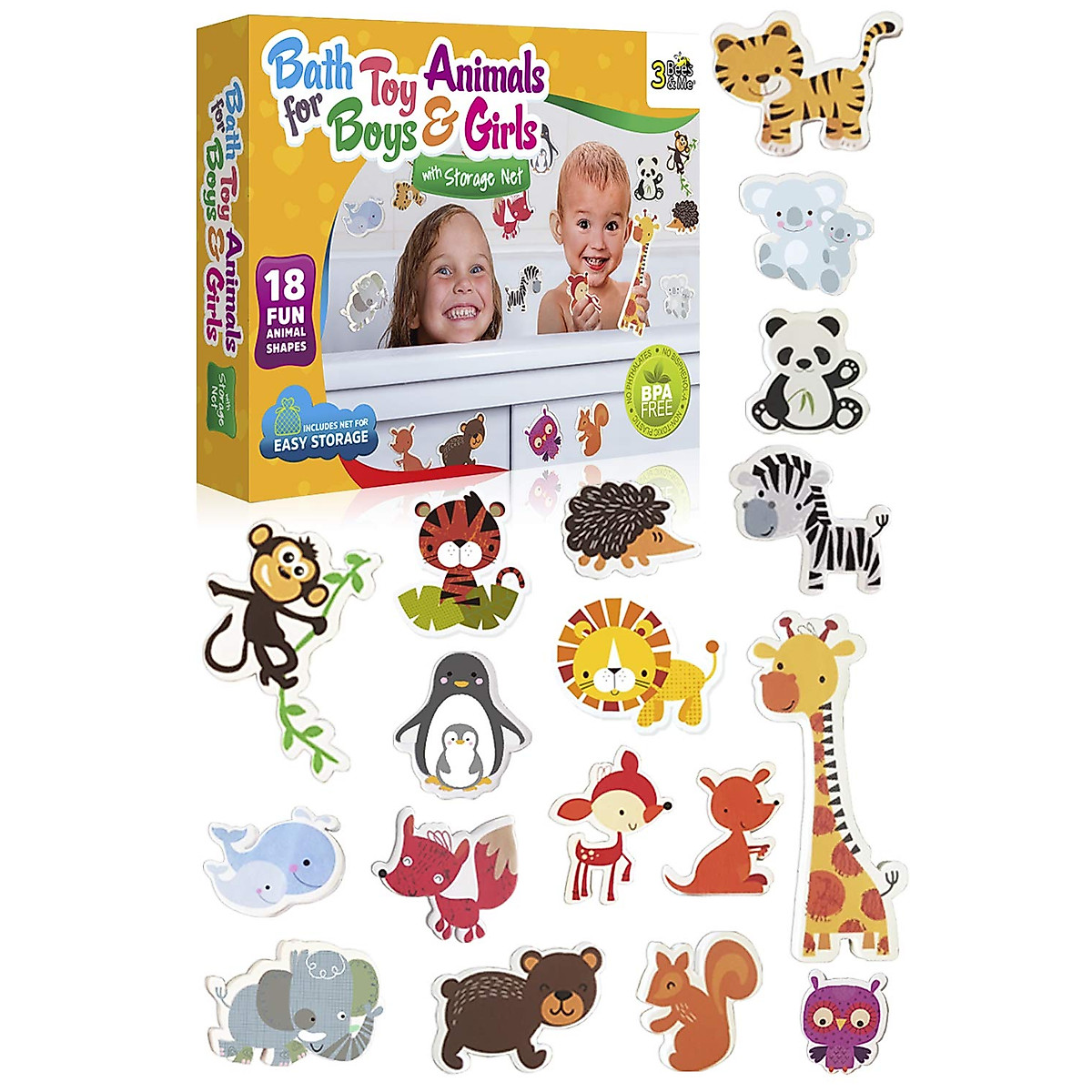 3 Bees & Me Animal Bath Toys for Boys and Girls – Fun Foam Animals with Bath Toy Storage Bag – 18 Piece Kids Bath Set for Toddlers and Kids