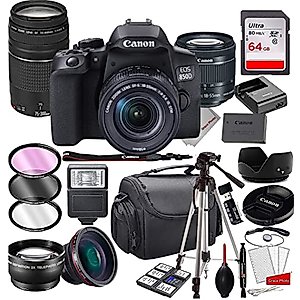 Canon EOS 850D (Rebel T8i) DSLR Camera with 18-55mm is STM Zoom Lens & 75-300mm III Lens Bundle + 64GB Memory, Case, Tripod, Filters and More