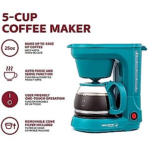 Holstein Housewares - 5-Cup Compact Coffee Maker, Teal - Convenient and User Friendly with Auto Pause and Serve Functions