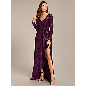 Ever-Pretty Women's Sexy Deep V-Neck Long Sleeves Slit Sequin Cocktail Dresses Dark Purple US10