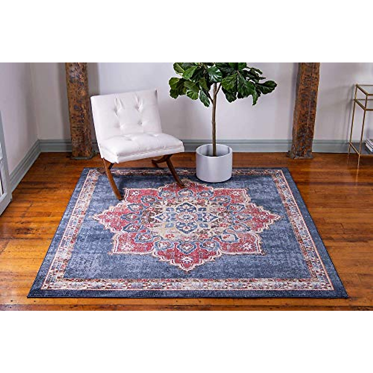 Unique Loom Utopia Collection Traditional Classic Vintage Inspired Area Rug with Warm Hues, 7' Square, Dark Blue/Beige