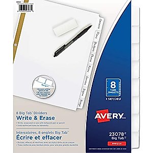 Avery 8-Tab Binder Dividers, Write & Erase White Big Tabs, 1 Set (23078)
