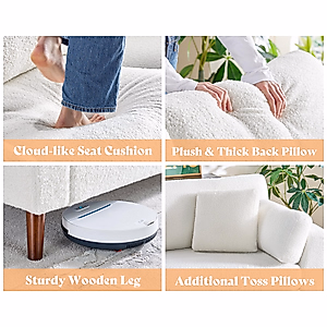 AMERLIFE Modern Sofa, 86 inch White Couch with 4 Throw Pillows, 3-Seater Sofa Couch for Living Room, Offwhite Boucle Upholstered Sofa