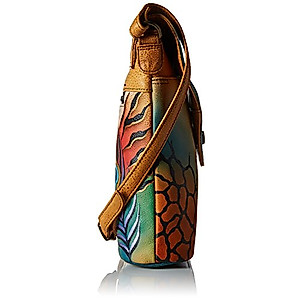 Anna by Anuschka Genuine Leather V-Shap Flap Crossbody Bag | Hand-Painted Original Artwork | Peacock Collage