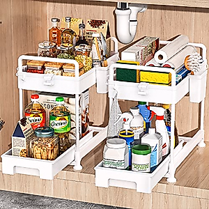 SOYO Under Sink Organizers and Storage 2 Pack, Bathroom Organizer Under Cabinet Storage, Undersink Sliding Basket Drawer for Kitchen Organization, Pull Out Shelf with Handles, Hanging Cups, White