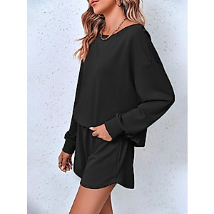 Fisoew Womens 2 Pieces Pajama Sets Long Sleeve Crop Top and Wide Leg Pants Set Black