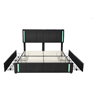 Upholstered Bed with LED Lights and USB Charging, Queen Size Storage Bed Platform Frame with Headboard and 4 Drawers for Bedroom, No Spring Box Required (Dark Gray)