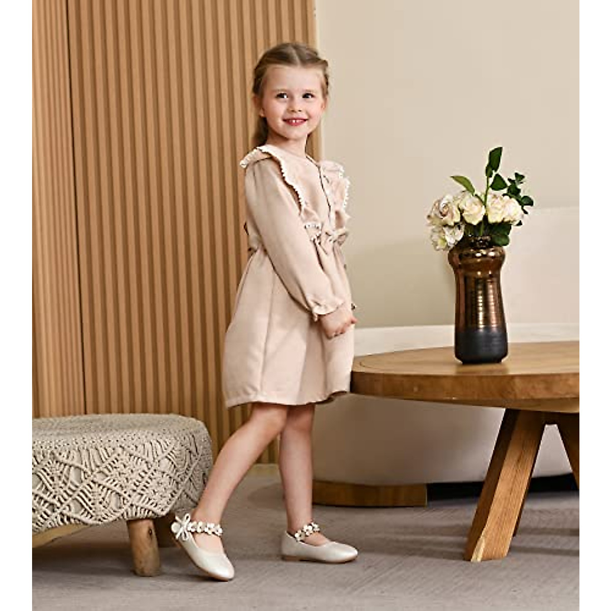 BOBORA Toddler Girl Fall Dress Kid Solid Corduroy Ruffle Long Sleeve Princess Dress Winter Outfit Little Girl Casual Clothes(Beige, 12-18M)