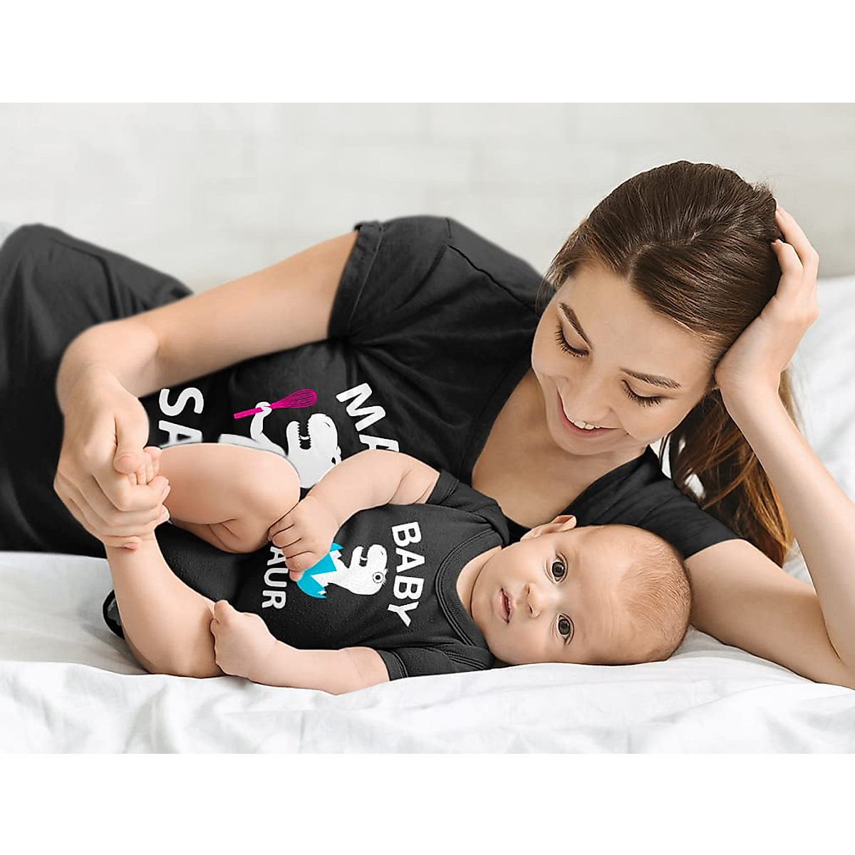 Tstars Mama & Baby Saur Gift for New Moms Mothers Day Mom and Daughter Son Matching Outfits Mom Shirt & Baby Bodysuit Set Mom Black Medium/Baby Black Newborn (0-3M)