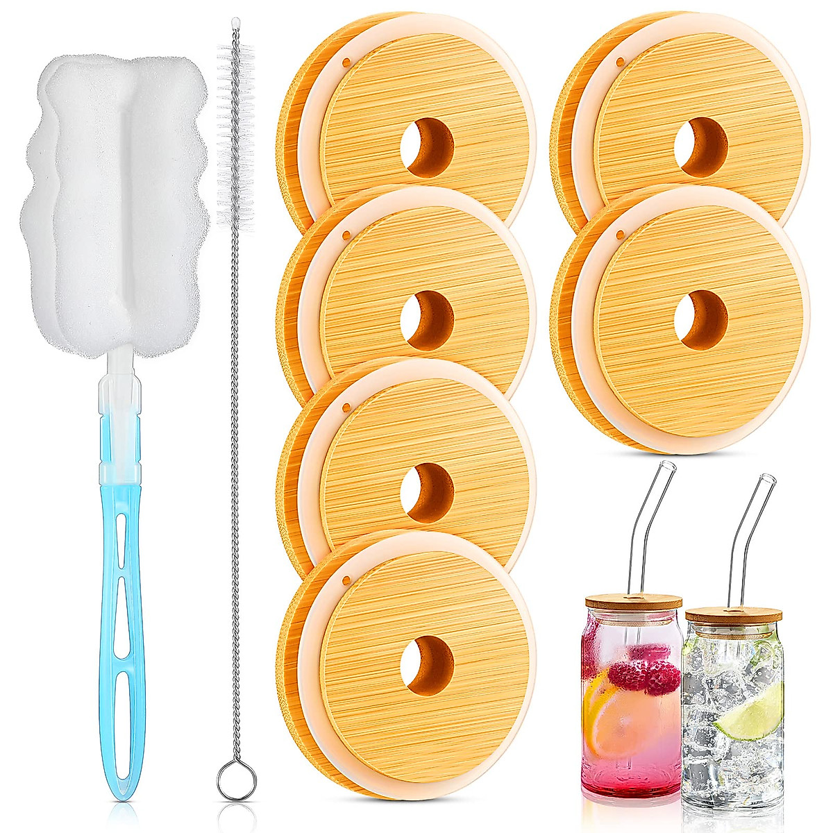 16 oz Beer Glasses Lids with Straw Hole Drinking Glass Cups Anticorrosion Beer Can Cups Lids Bamboo Lids with Brush for 16 oz Canned Beer Glasses Jar Glasses and Cans (6 Pack)