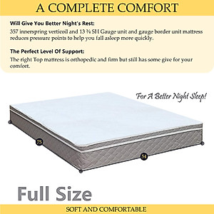 Mattress Comfort Medium Plush Eurotop Pillowtop Innerspring Mattress and 4" Low Profile Split Wood Boxspring/Foundation Set, with Frame, Full Size