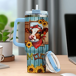 99WHALE Heifer Switch Canvas Sign, Tumbler 40 Oz With Handle Lid And Straw, Blue Handle Light Cup For Navy Brown Coffee Women Print Cows Funny Cups Adults Stainless Steel Royal, Cow Gifts