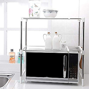 JF-XUAN Kitchen Shelf Microwave Oven Rack Multifunctional 2-layer Microwave Oven Rack Kitchen Rack Adjustable Stainless Steel Storage Rack With Hook Large Microwave Oven Rack (Color : Silver, Size