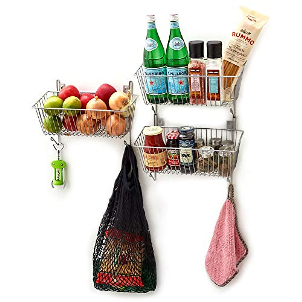 EZOWare 3 Tier Over the Door Rack / Wall Mount Storage Organizer Baskets, Hanging Shelves Set for Kitchen Bathroom Closet