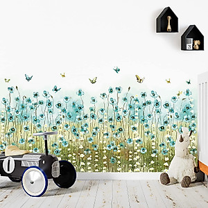 LiveGallery Blue Flowers Wall Decals White Daisy Wall Stickers DIY Peel and Stick Butterfly Plants Wall Sticker for Baby Kids Girls Bedroom Nursery Living Room Office Corners Skirting Lines