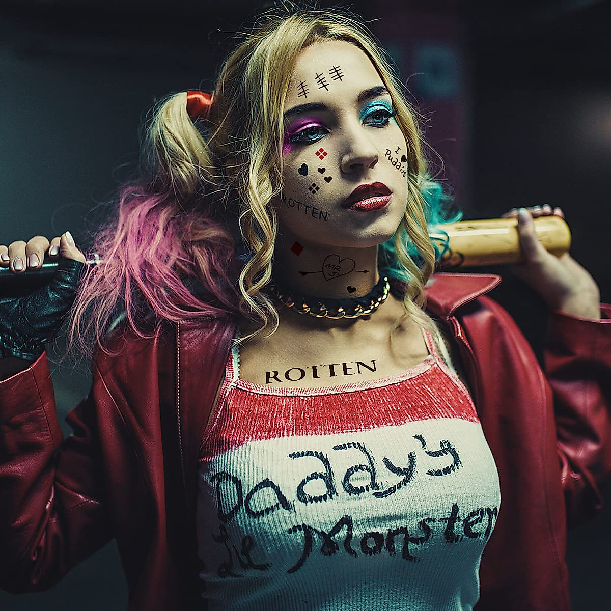 3-Pack Large Cosplay Clown Prince JOKAR & HARLI QUYNN Temporary Tattoos – 8.2 x 11.6 Inch Fake Tattoos for Cosplay, Halloween, and Parties