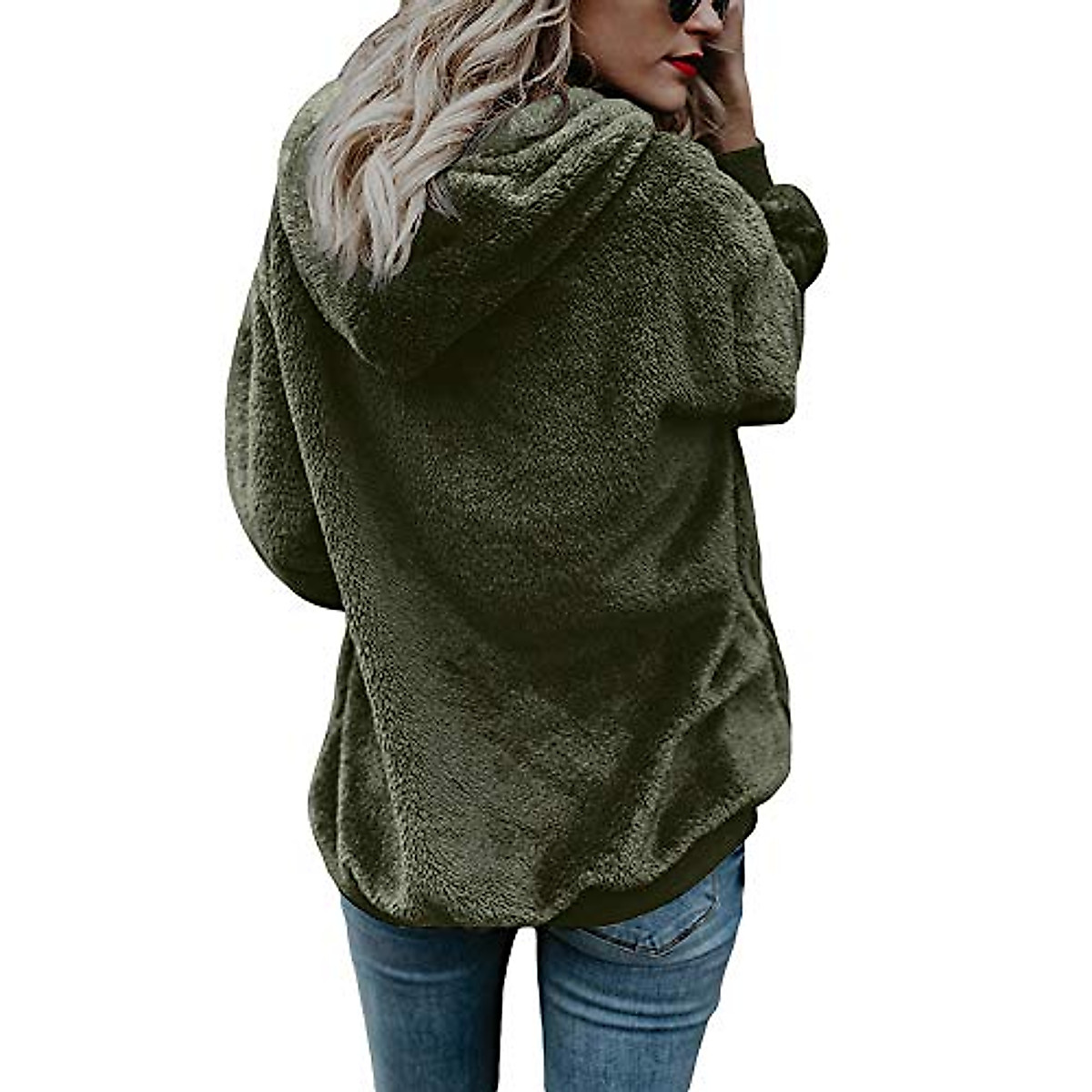 COCOLEGGINGS Women's 2023 Fashion Fuzzy Warm Casual Loose Hooded Sweatshirt Hoodies with Pockets Outerwear Army Green XL