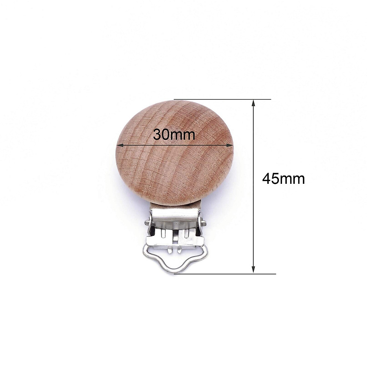 Sutoyuen 10Pcs 30mm (1.18") Natural Wood Pacifier Holder Round Beech Metal Teether Wooden Teething Beads Suspender Clips DIY Pacifier Accessories