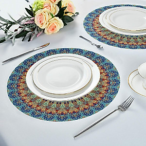 Qilmy Mandala Round Placemats Non-Slip Washable Polyester Table Mats Set of 4 Heat Resistant Placemats for Kitchen Dining Table Decoration
