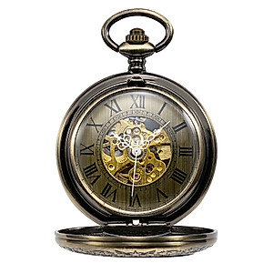 TREEWETO Automatic Mechanical Pocket Watch Magnifier Case Steampunk Skeleton Roman Numerals Dial for Men Women Bronze