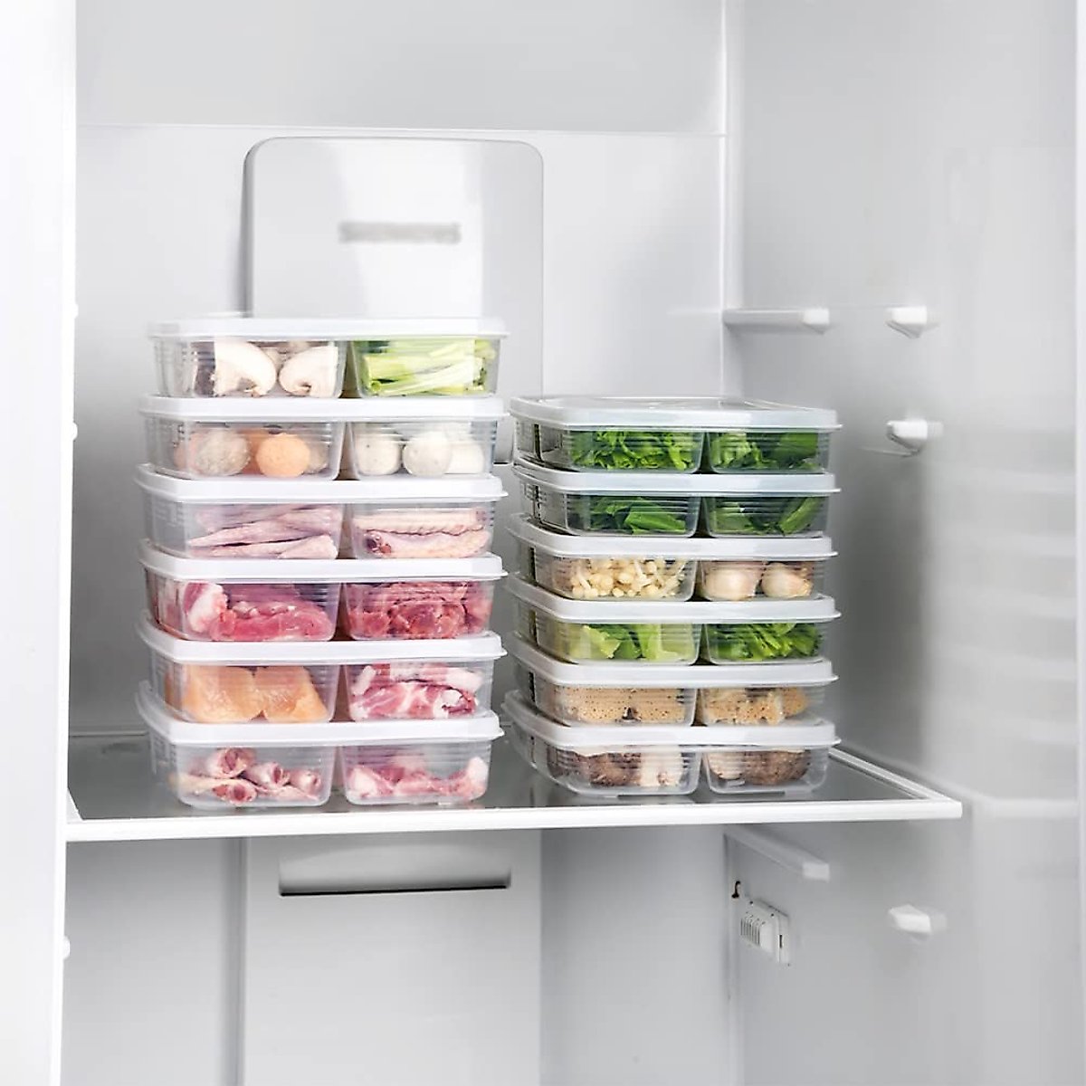 Angoily Veggie Bacon 2pcs Refrigerator Organizer Bins Divided Food Storage Containers with Lids Plastic Snack Container 4 Removable Boxes Stackable for Fridge S Bin Storage Organizer