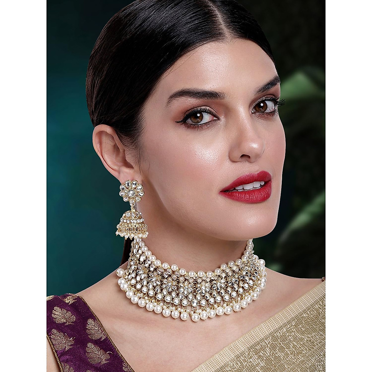 Aheli Elegant Indian Traditional Wedding Wear Kundan Pearl Encrusted Choker Necklace Set with Jhumki Earrings Ethnic Bollywood Party for Women (White)