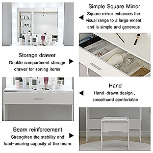 TEEGUI Vanity Set with Lighted Mirror, Makeup Vanity Dressing Table Dresser Desk Chair with Large Drawer for Bedroom, White Bedroom Furniture(12 Cool LED Bulbs) [US Shipping]