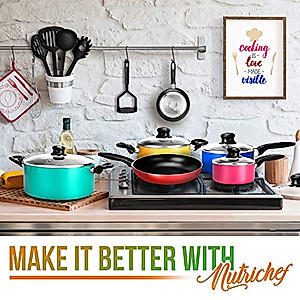 15-Piece Nonstick Kitchen Cookware Set PTFE/PFOA/PFOS- Free | Colorful Heat Resistant Lacquer Kitchen Ware Pots Pan Set w/ Saucepot, Frying Pans, Pots, Oven Pot, Lids, 5 Utensil - NutriChef NCCWCOR15