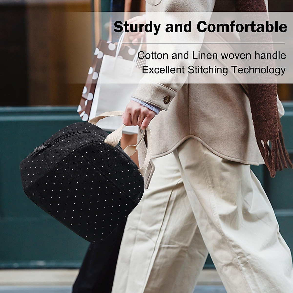 EurCross Upgraded Compact Black Lunch Bag for Girls Women,Canvas Reusable Polka Dot Lunch Tote Box Bag for Work School