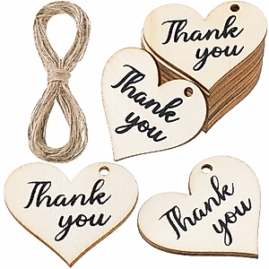 100 Pieces Thank You Tags Gift Tag Wood Thank You Tags with String Heart Shape for Baby Shower Wedding Party Favor