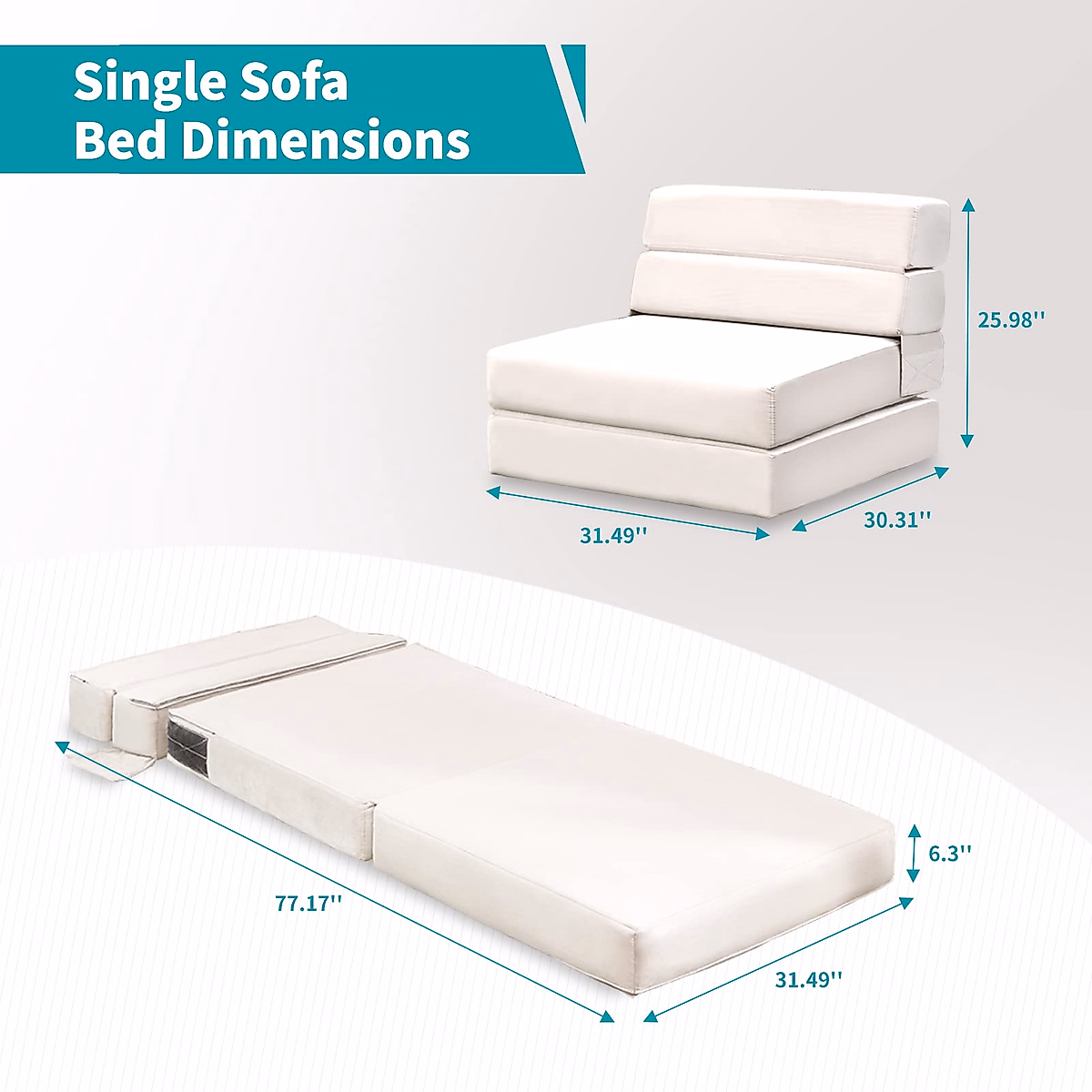 BALUS Triple Fold Down Sofa Bed,Single Size Sleeper Sofa 2 In1 Tri-Fold Floor Couch for Living Room, Foam Foldable Mattress Convertible Upholstered Chaise Lounge, Folding Futon Guest Bed