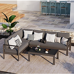 Solaste Aluminum Patio Furniture Set, Metal Patio Sectional Sofa with Imitation Wood Tabletop Coffee Table, Modern Outdoor Furniture Couch with Water-Resistant Cushion for Balcony Backyard, Grey