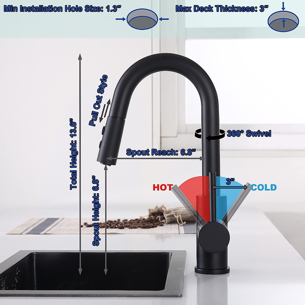 Bar Faucet with Pull Out Sprayer Single Hole Matte Black, JXMMP Single Handle Stainless Steel Bar Sink Faucets with Sprayer, Modern Small Kitchen Sink Faucet with cUPC Supply Hose