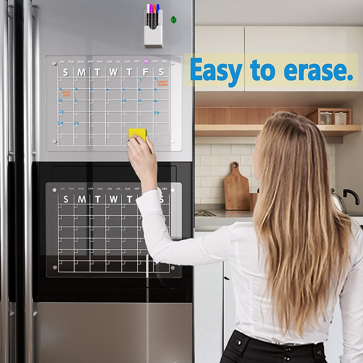 Magnetic Acrylic Calendar for Fridge 17"x12" Clear Dry Erase Calendar Board for Refrigerator Includes 4 Dry Erase Markers and Eraser