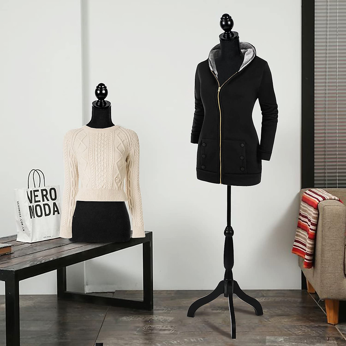 HCY Female Mannequins Torso Dress Form for Display Manikin Body Mannequin Stand 60In-67In Height Adjustable for Sewing Wooden Tripod Base, Foam Body（Black）, HY-H170-BLACK