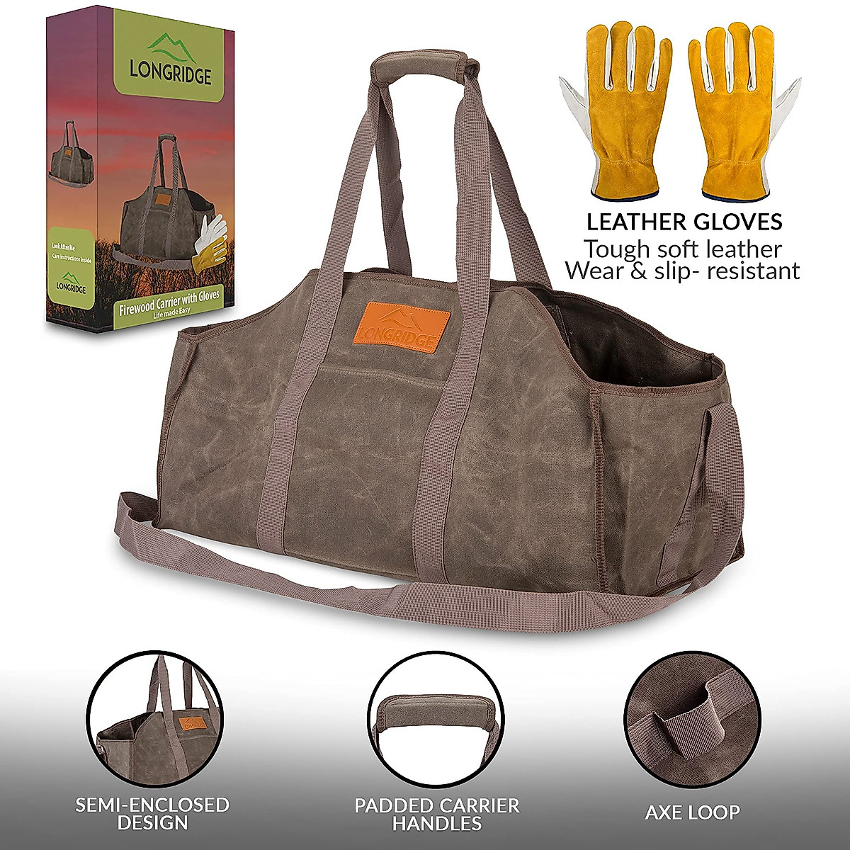 Longridge Extra Large Firewood Log Carrier Bag Tote with Leather Gloves. Durable Waxed Canvas,Handles and Shoulder Strap. Home,Camping or Gift,Grey Waxed Canvas,24 x12x12.6