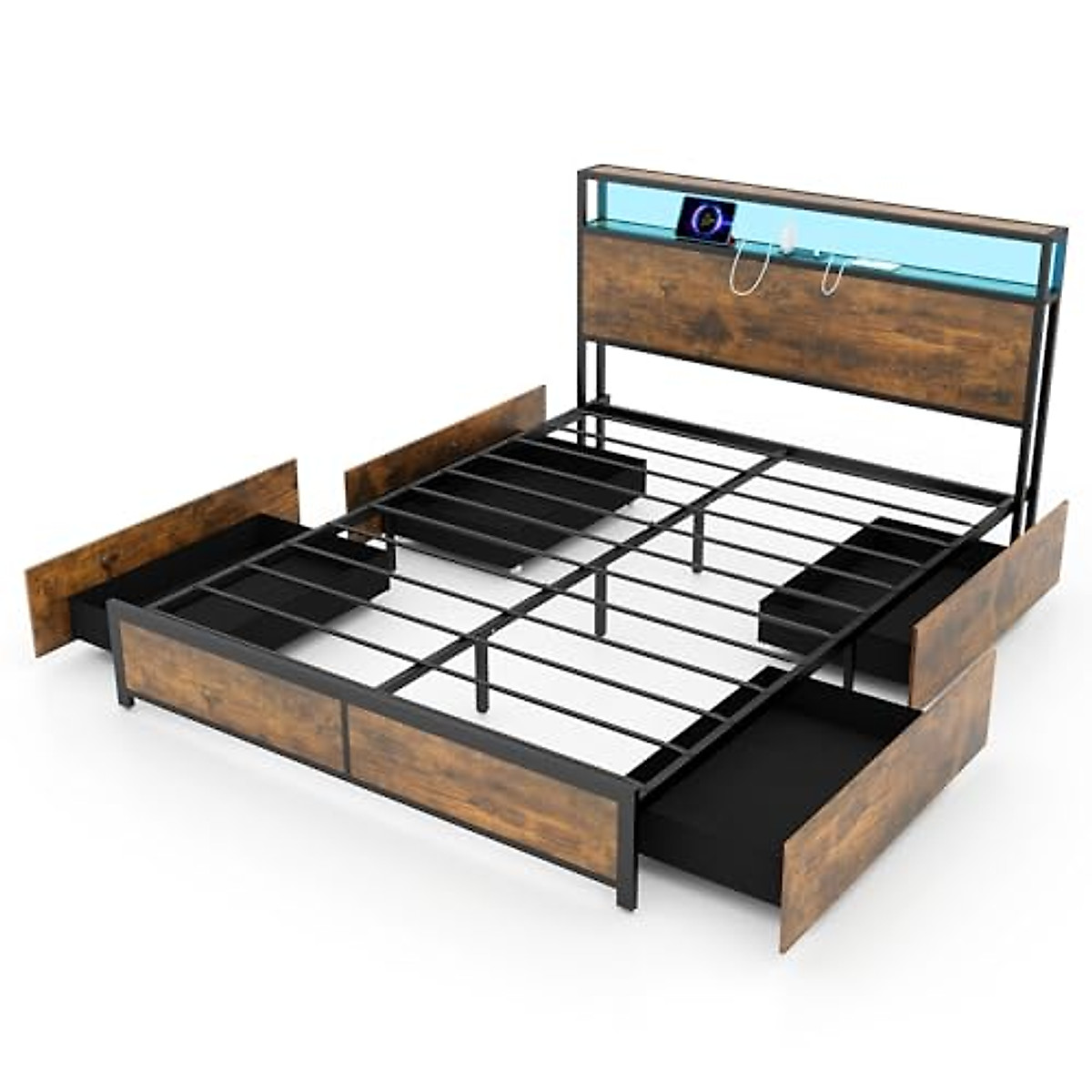 Giantex Queen Bed Frame with LED Lights Headboard and 4 Storage Drawers, Metal Platform Bed with Outlets and USB Ports Charging Station, Smart LED Bed Frame, Easy Assembly, No Box Spring Needed