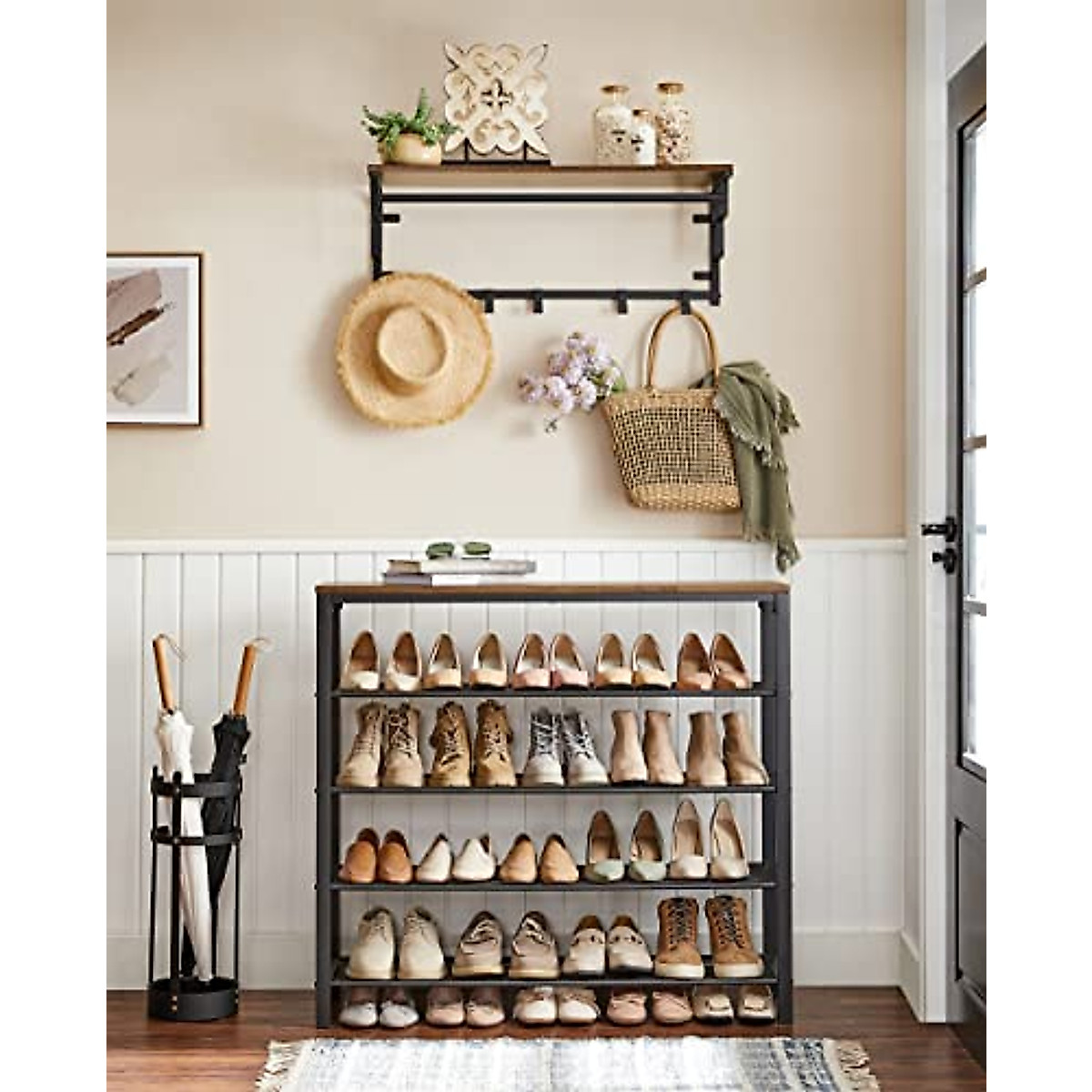 VASAGLE Shoe Rack, 5-Tier Shoe Storage Organizer with 4 Metal Mesh Shelves for 16-20 Pairs and Large Surface for Bags, for Entryway, Hallway, Closet, Industrial, Rustic Brown and Black ULBS15BX