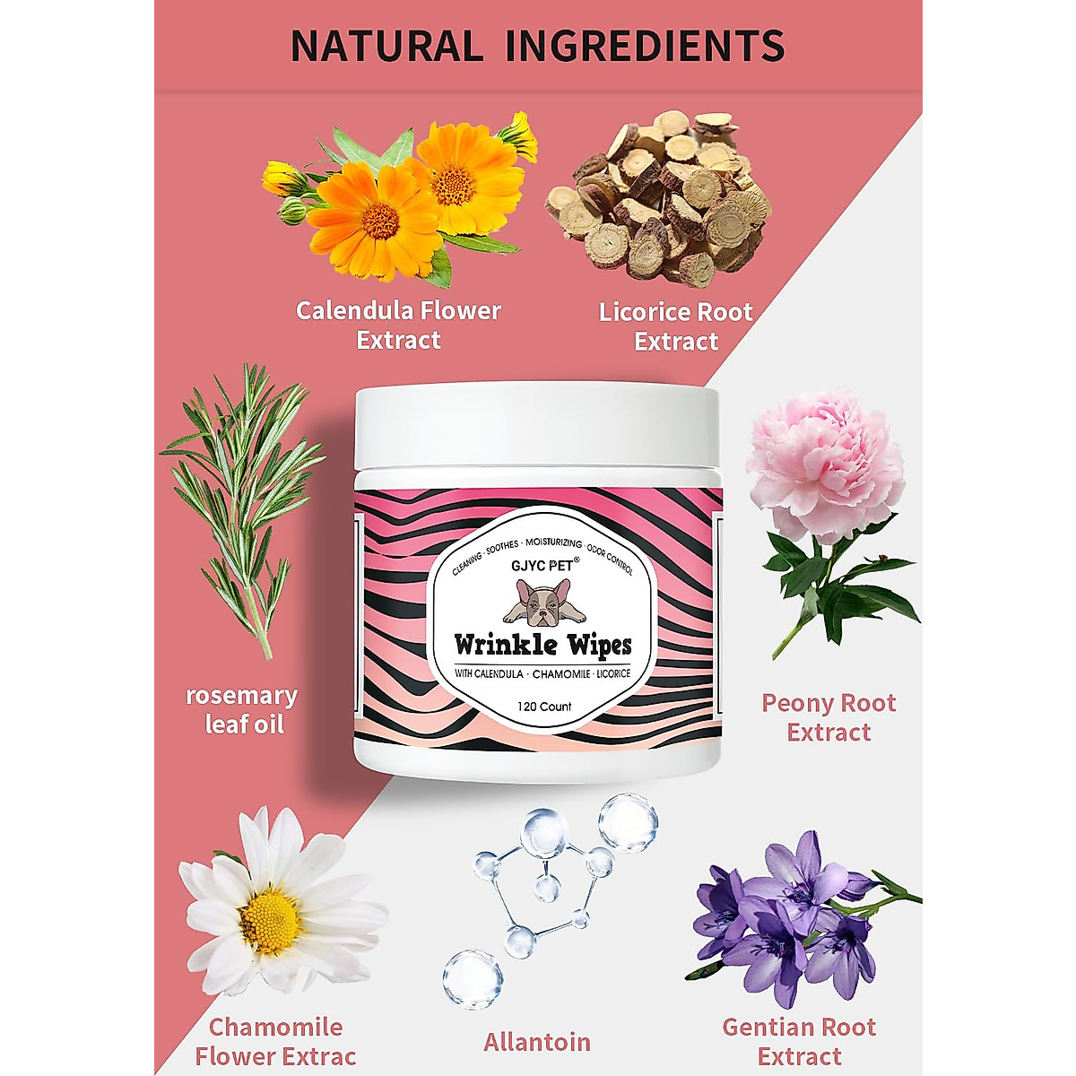 Natural Wrinkle Wipes for Dogs, 120 Count, Hypoallergenic Dog Wipes, Wrinkle Wipes French Bulldog, Cleaning & Deodorizing, Dog Wipes for Grooming Faces, Paws & Butts