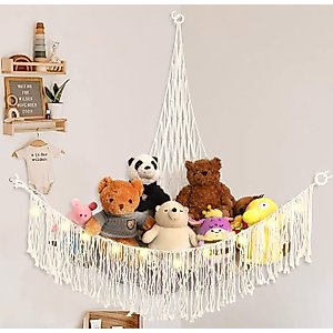 63" x 63" x 51.2" Boho Stuffed Animal Toy Hammock Macrame Large Corner Mesh Toy Storage Hanging Wall Toys Organizer with Light for Bedroom Decor