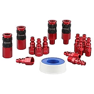 YOTOO 15 Pieces Universal Air Coupler and Plug Kit, Quick Connect Air Hose Fittings, Heavy Duty Aluminum Air Fittings, Lightweight, Push to Connect air tools and air compressor, Red