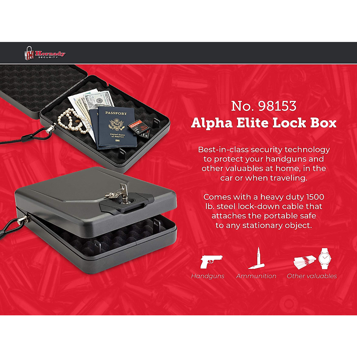 Hornady Alpha Elite Portable Lock Box for Guns and Valuables – Includes 2 Keys and 4 Foot Steel Cable – Thick 16-Gauge Steel, An Ideal Car Lock Box or Truck Safe – Black, 10.25 x 8 x 2.75 Inches
