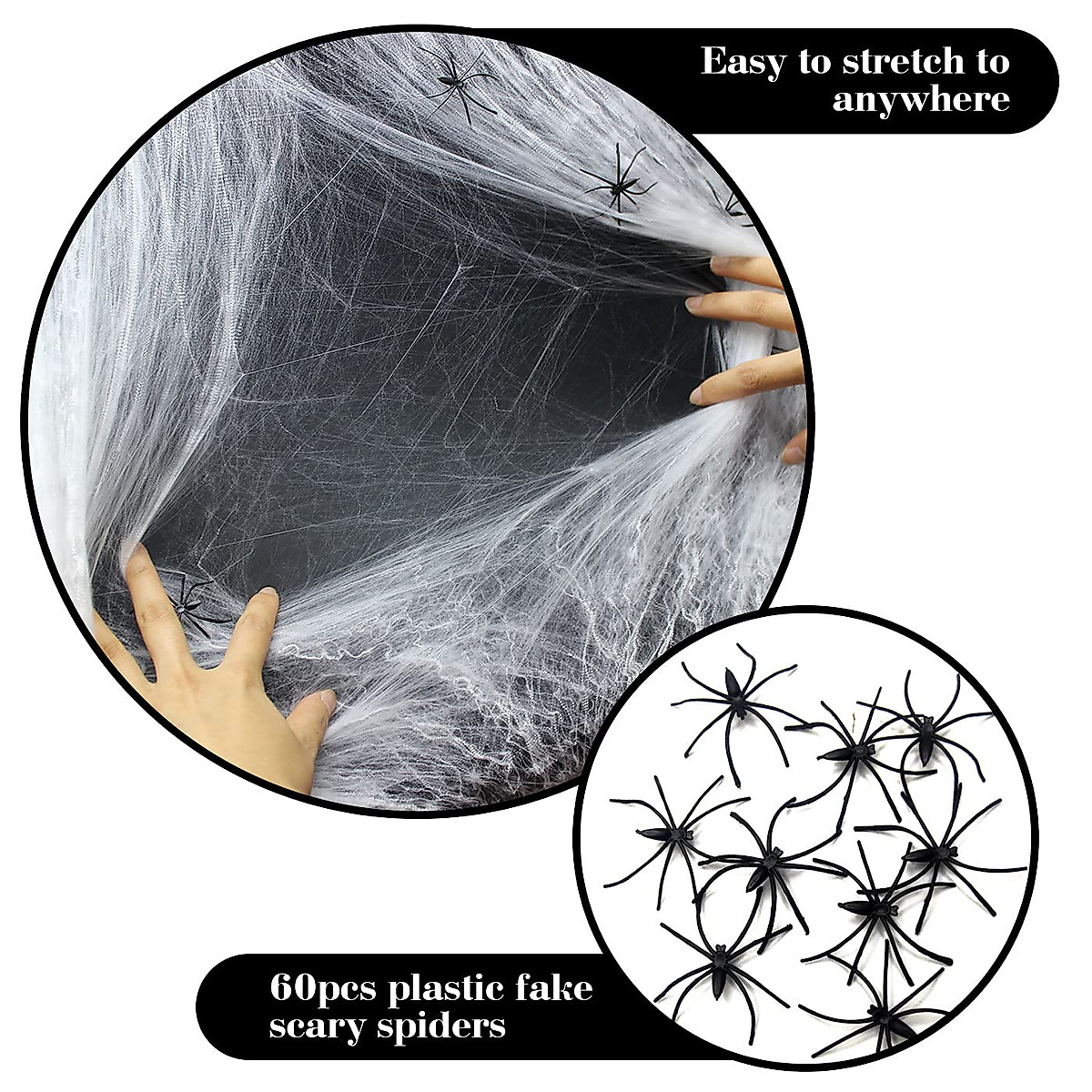 Hidreamz 1600 sqft Halloween Spider Web Decorations Halloween Spider Webbing with 60 Fake Spiders for Indoor and Outdoor Party Supplies