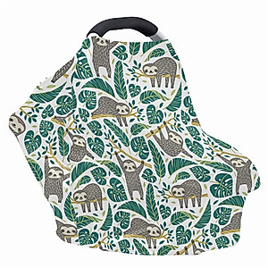 Forchrinse Cute Sloth and Leaves Nursing Cover Breastfeeding Cover,Stretchy Car Seat Cover for Baby,Soft Breathable Infant Car Seat Canopy
