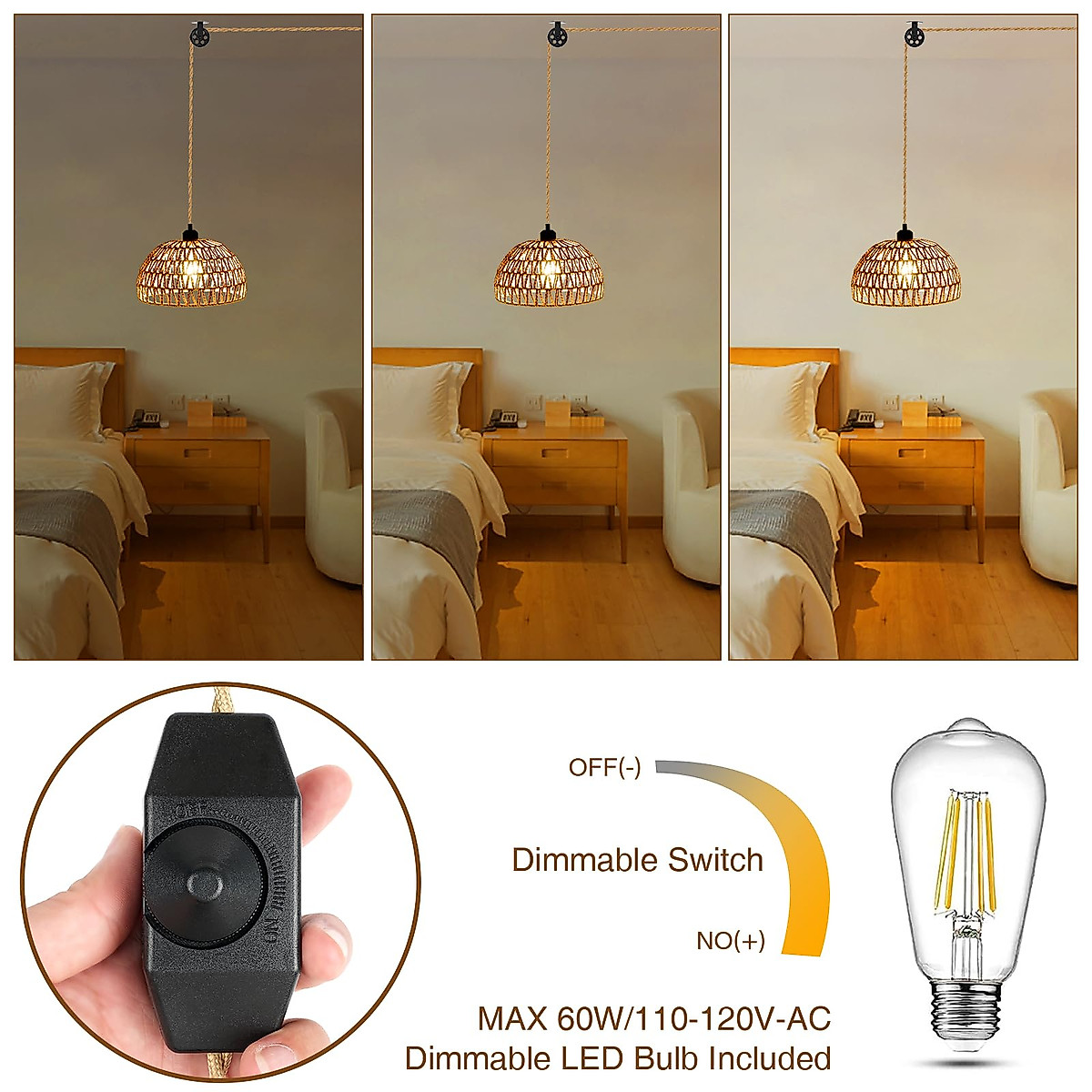 Rattan Plug in Pendant Light, Boho Hanging Lights with Plug in Cord 15ft, Handwoven Hemp Rope Chandelier Light Fixtures with Dimmer Switch for Bedroom Living Dinning Room Kitchen